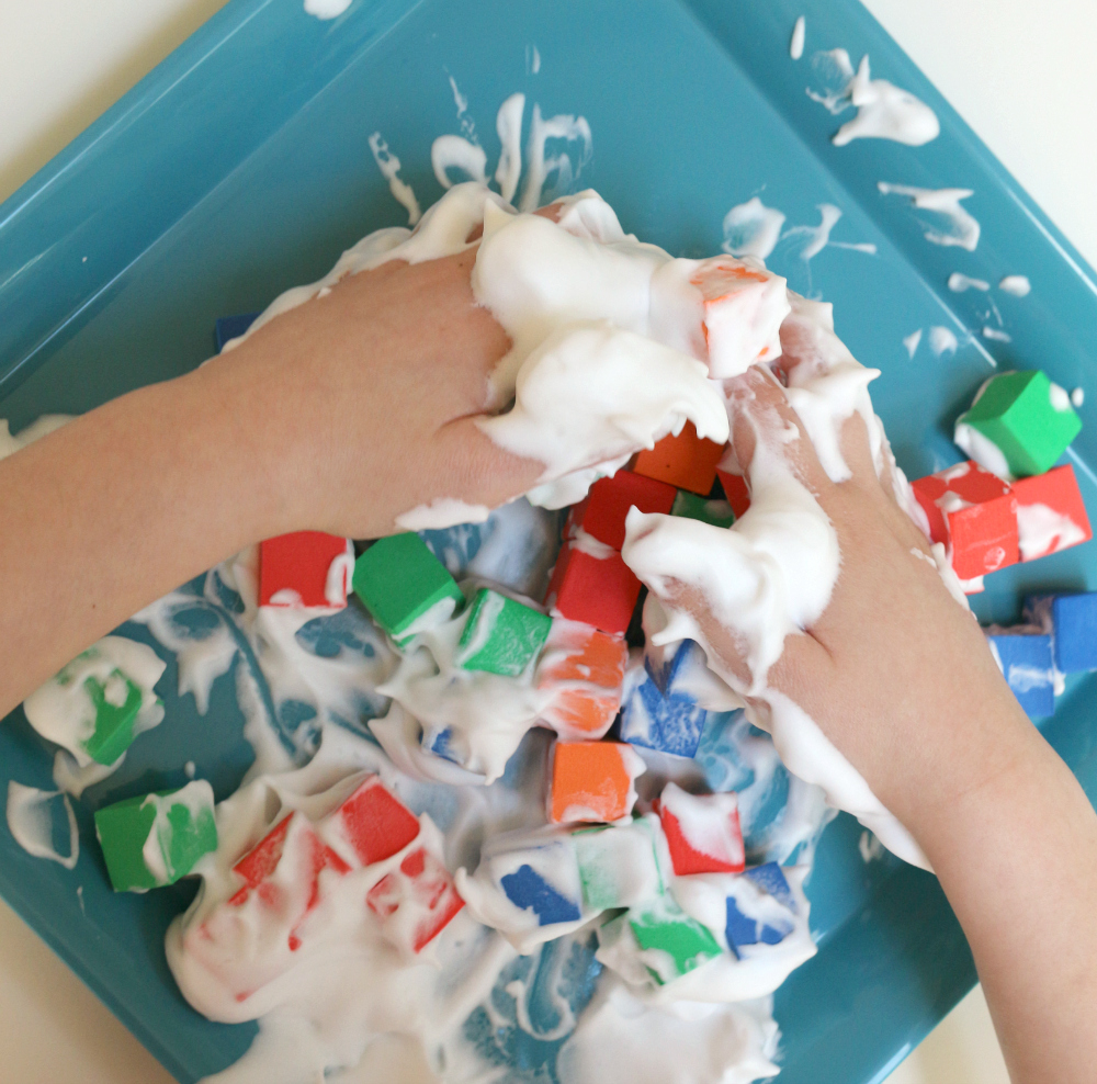 Preschool STEM Activity - Foam Blocks & Shaving Cream Towers - NTFFC