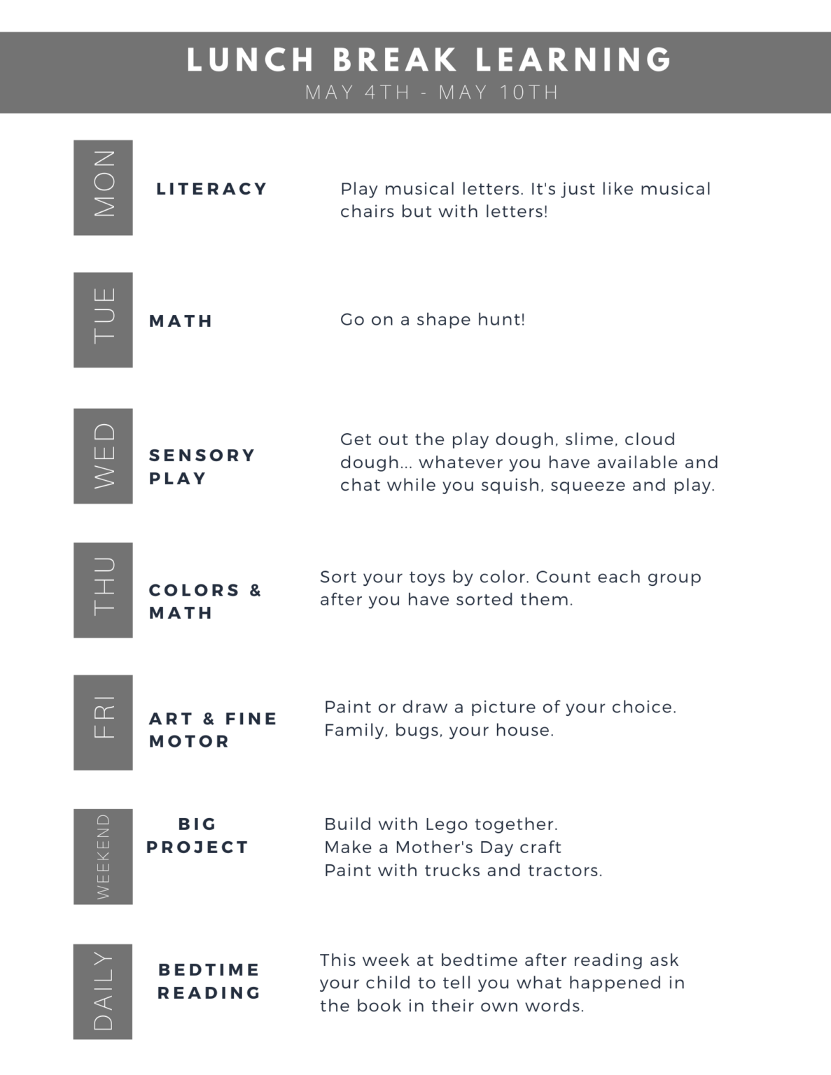 Preschool Activity Plan - Week of May 4th - No Time For Flash Cards